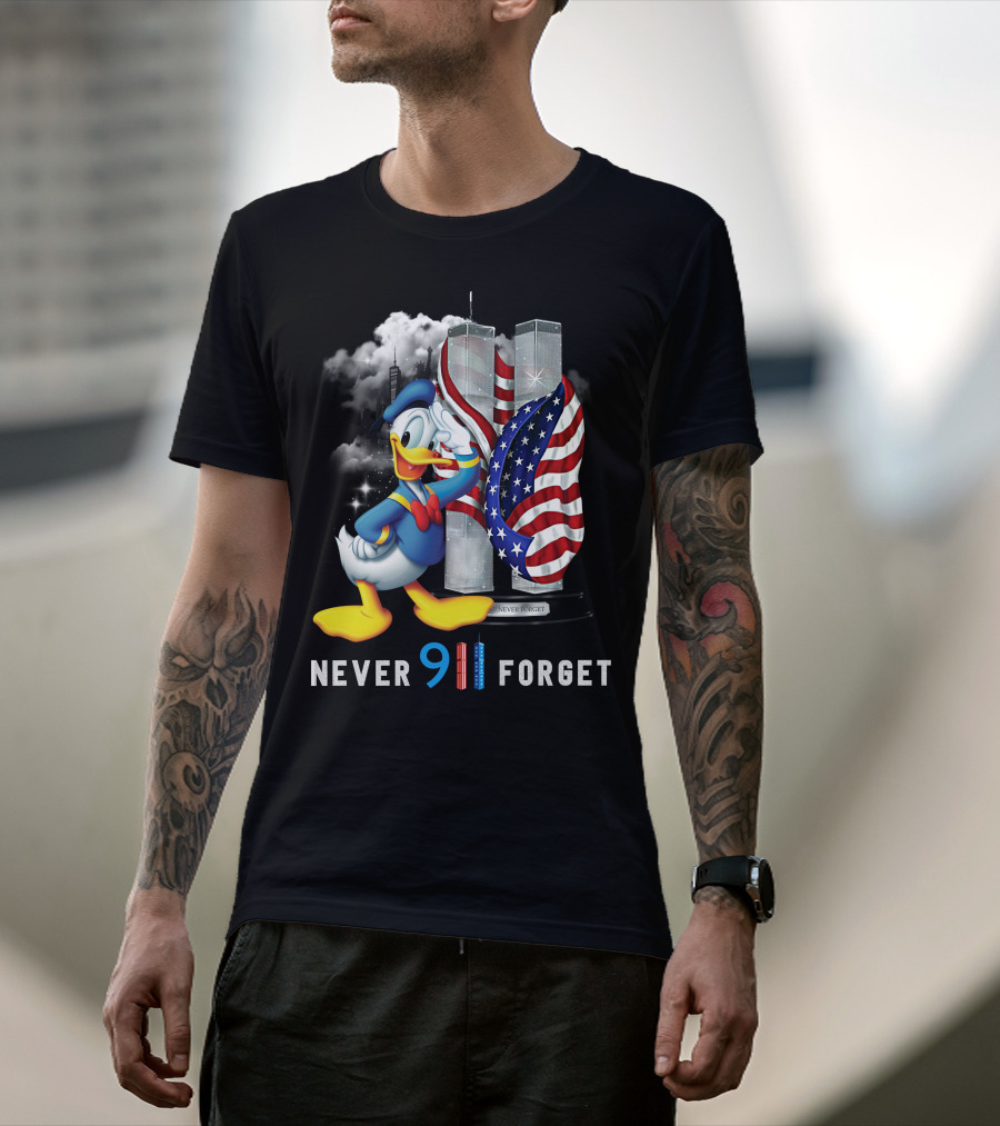 Donald Duck Never 9/11 Forget Twin Towers American Flag T-Shirt