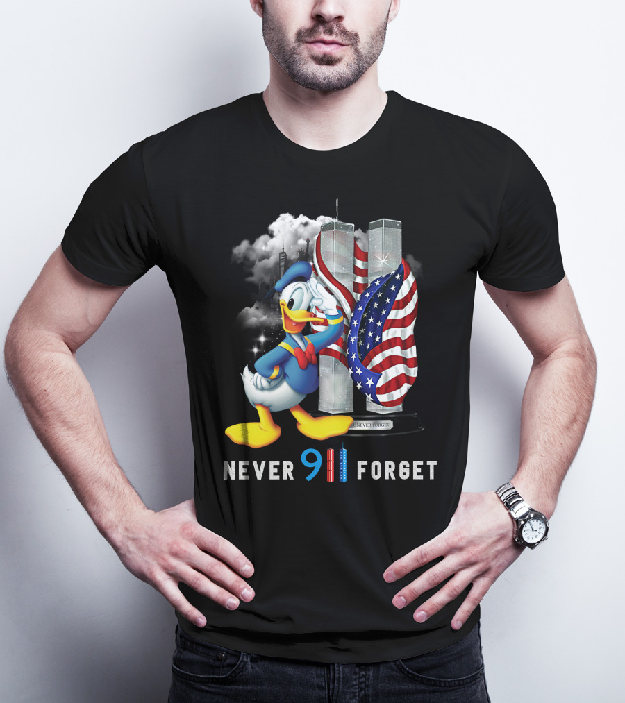 Donald Duck Never 9/11 Forget Twin Towers American Flag T-Shirt