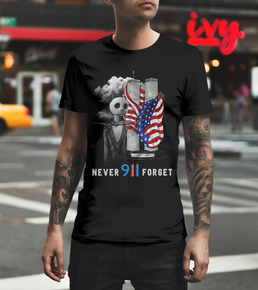 Jack Skellington Never 911 Forget Twin Towers American Flag Tribute T-Shirt