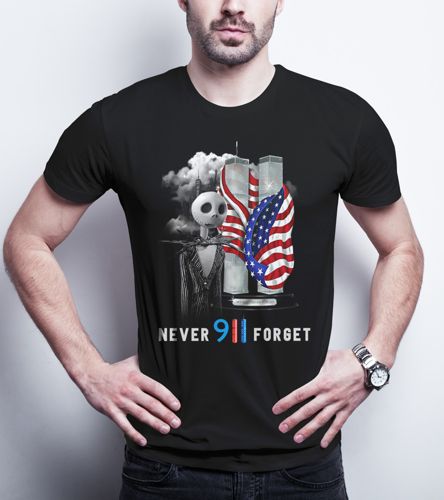 Jack Skellington Never 911 Forget Twin Towers American Flag Tribute T-Shirt