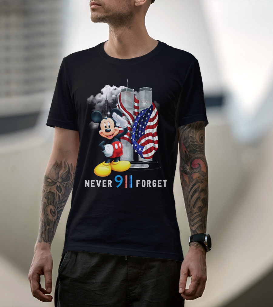 Never 9/11 Forget Mickey Twin Towers American Flag T-Shirt