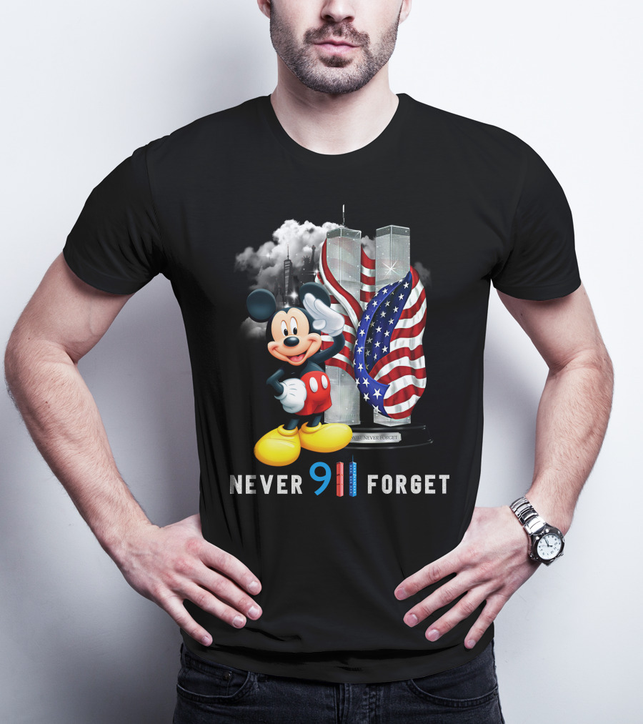 Never 9/11 Forget Mickey Twin Towers American Flag T-Shirt