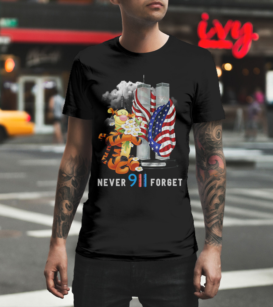 Never 911 Forget Tigger Holding Flowers Twin Towers American Flag T-Shirt