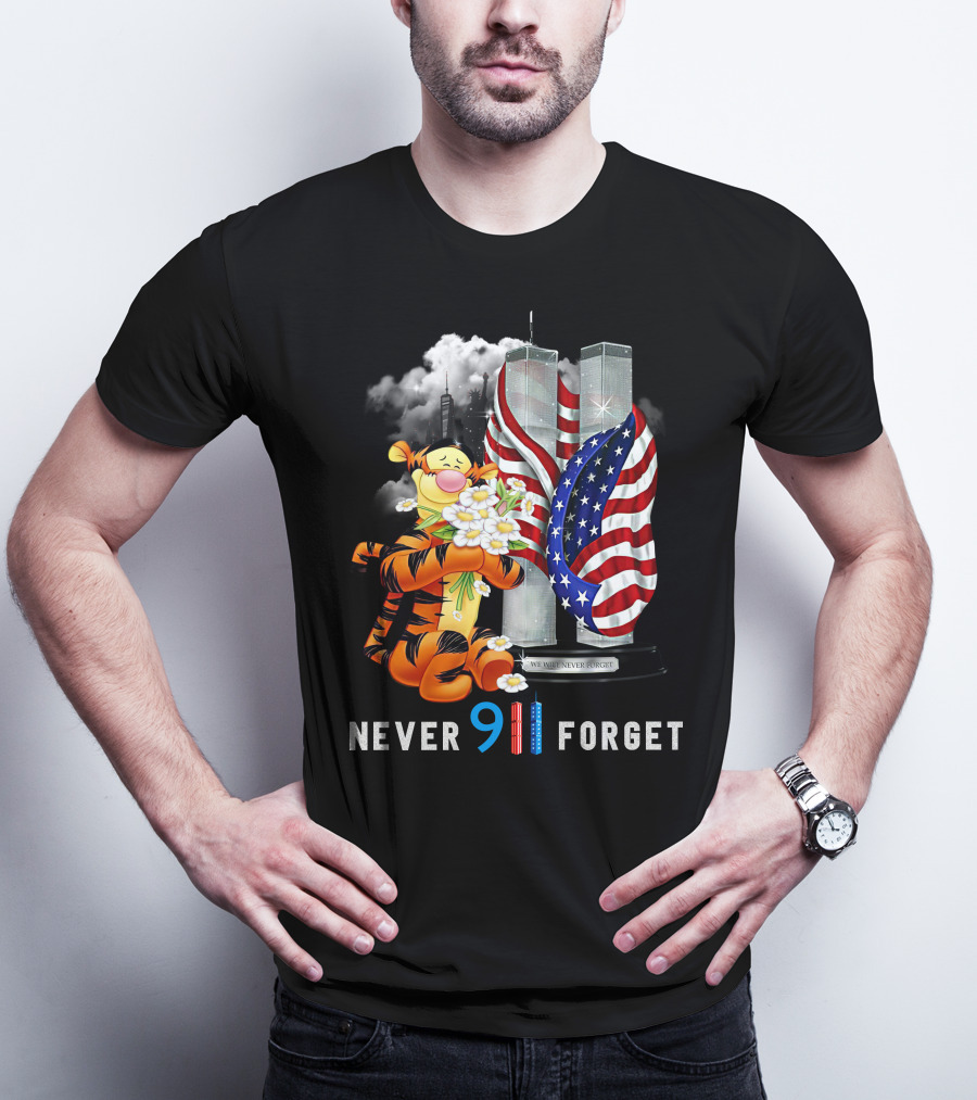 Never 911 Forget Tigger Holding Flowers Twin Towers American Flag T-Shirt