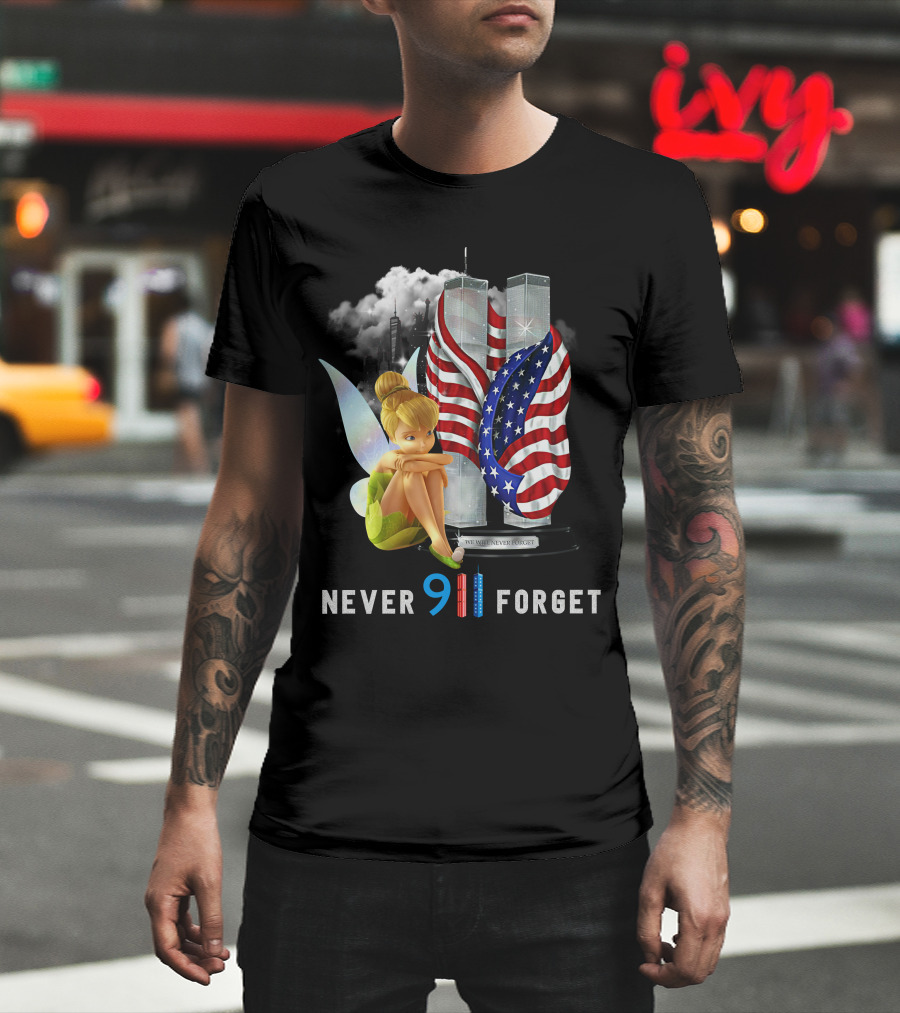 Tinker Bell Never 9/11 Forget Twin Towers American Flag Memorial T-Shirt