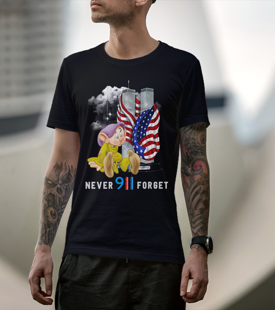 Never 9 11 Forget Dopey D Twin Towers American Flag T-Shirt