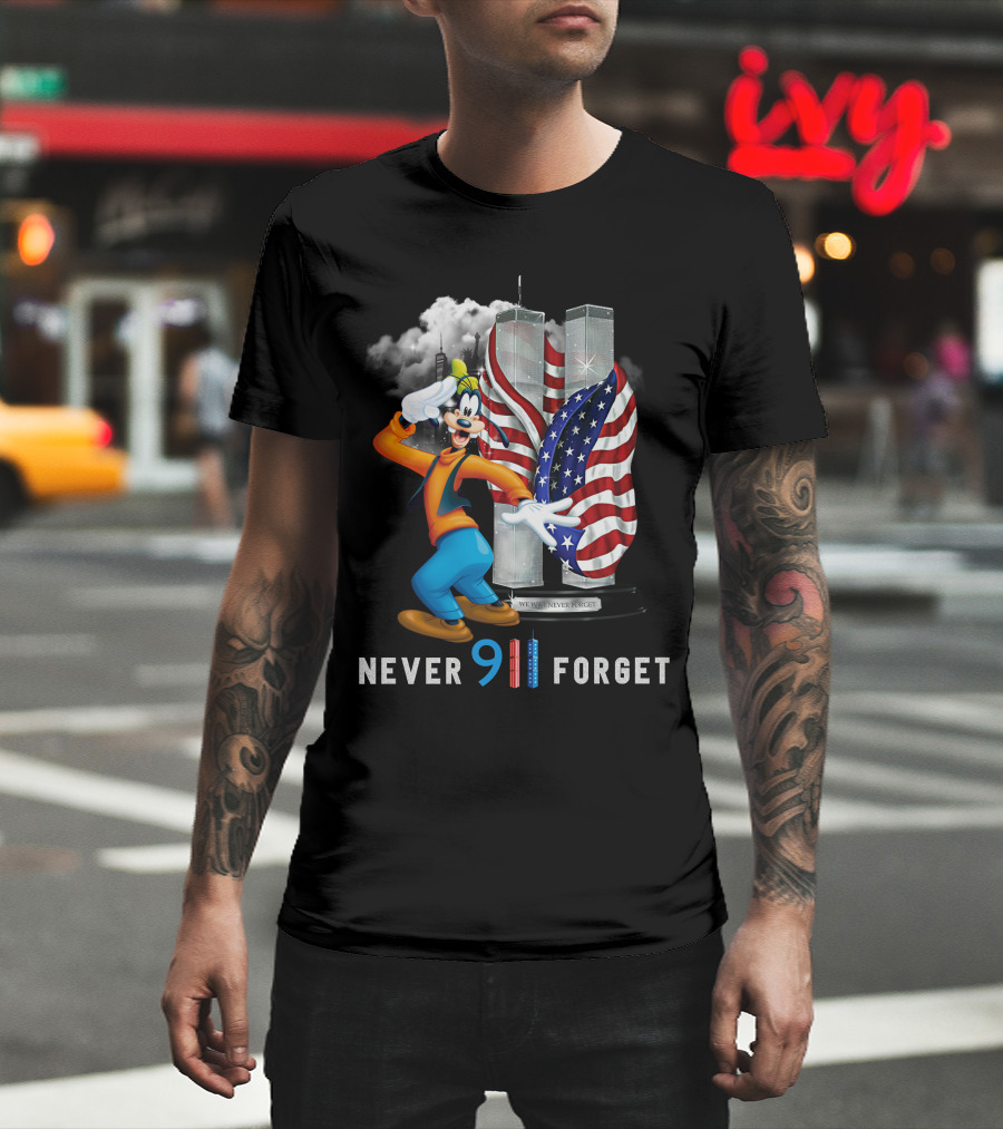 Never 911 Forget Goofy-D Twin Towers Salute American Flag T-Shirt
