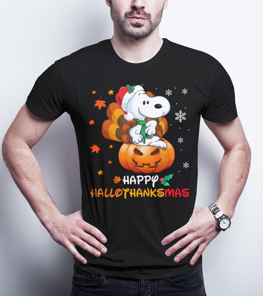 Happy Hallothanksmas Snoopy Christmas Pumpkin Turkey Leaves Snowflakes T-Shirt