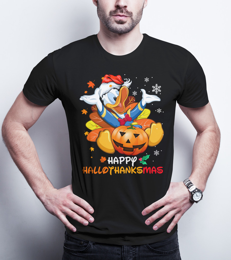 Happy Hallowthanksmas Donald Duck Pumpkin Leaves Snowflakes Santa Hat T-Shirt