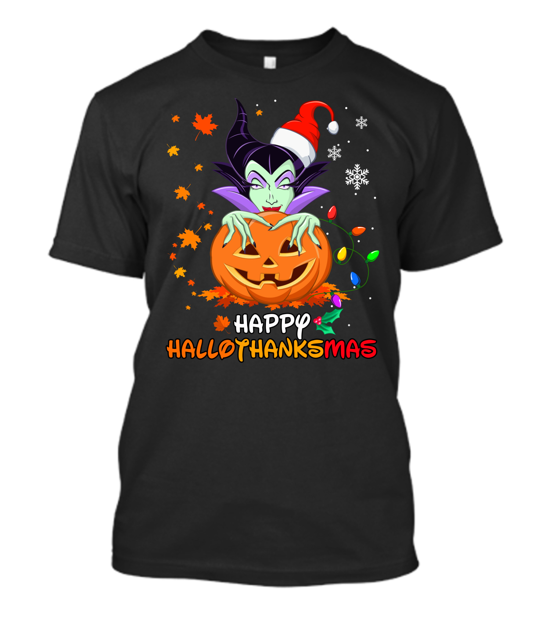 Happy Hallothanksmas Maleficent Pumpkin Holiday Lights T-Shirt
