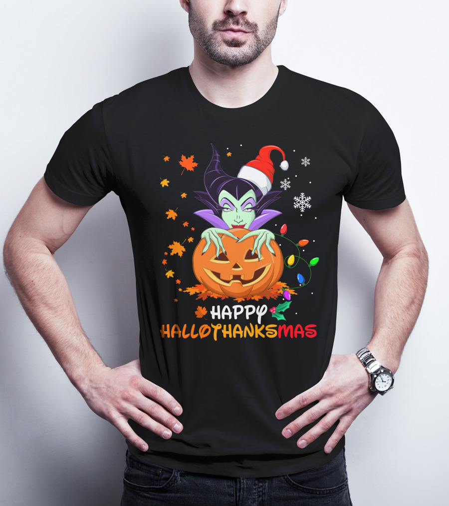 Happy Hallothanksmas Maleficent Pumpkin Holiday Lights T-Shirt