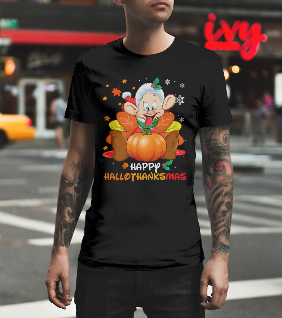 Happy Hallothanksmas Dopey Pumpkin Leaves Snowflakes T-Shirt