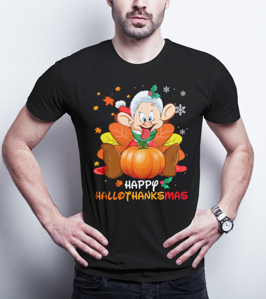 Happy Hallothanksmas Dopey Pumpkin Leaves Snowflakes T-Shirt