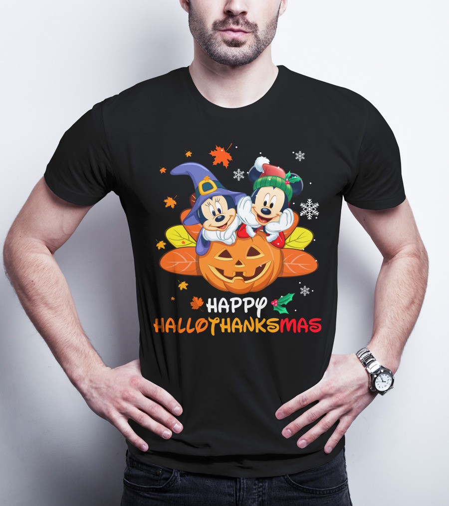 Mickey & Minnie Happy Hallothanksmas Pumpkin Snowflakes Leaves T-Shirt