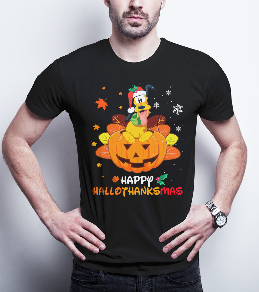 Happy Hallothanksmas Pluto Christmas Halloween Thanksgiving T-Shirt