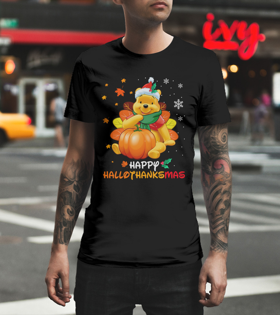 Happy Hallothanksmas Pooh Pumpkin Santa Hat Snowflakes T-Shirt