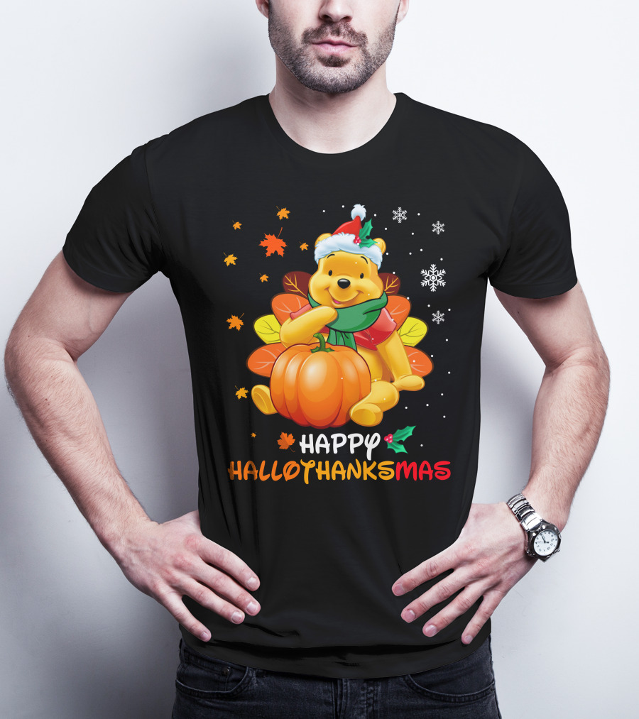 Happy Hallothanksmas Pooh Pumpkin Santa Hat Snowflakes T-Shirt