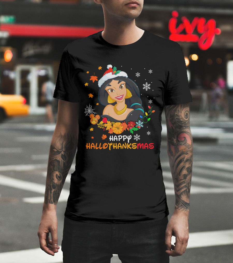 Happy Hallothanksmas Jasmine Fall Leaves Pumpkins Snowflakes T-Shirt