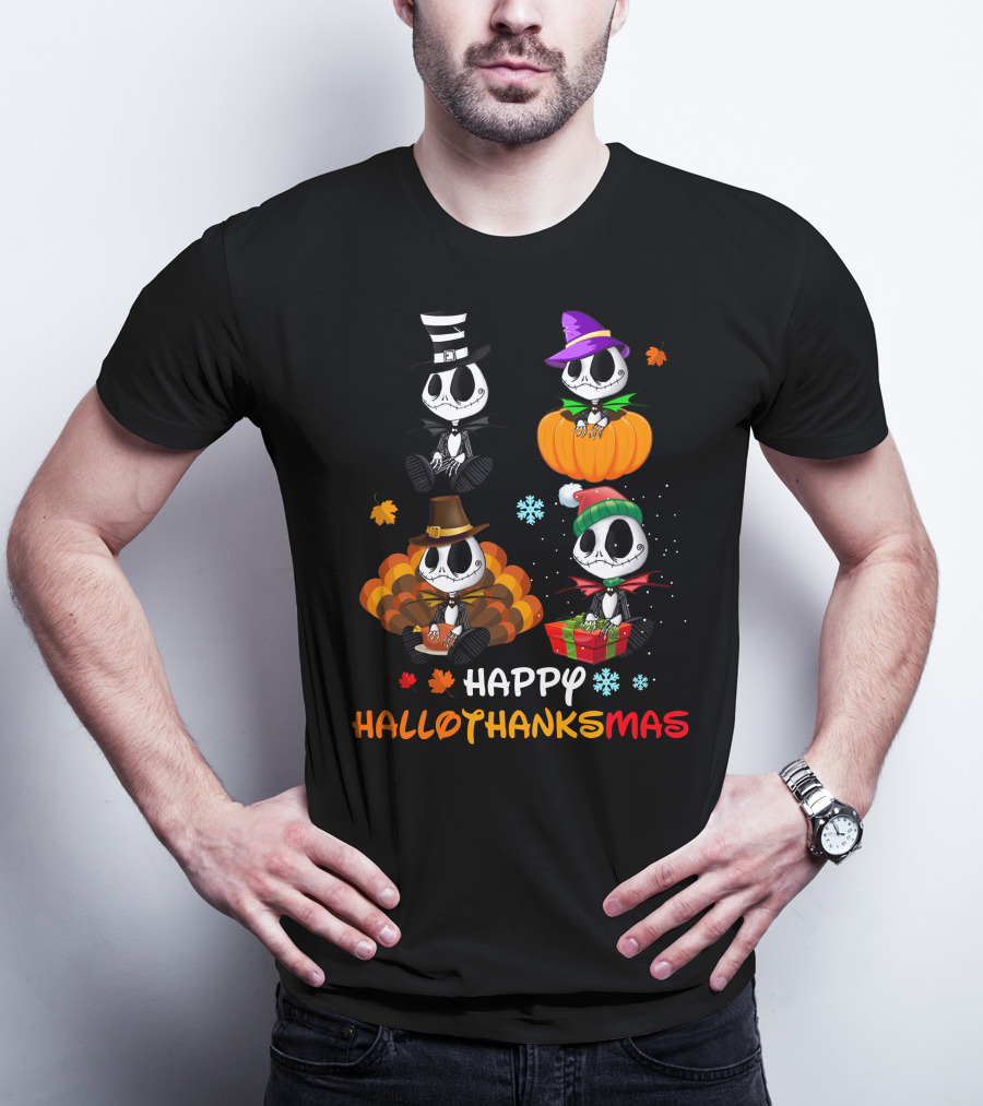 Happy Hallothanksmas Jack Skellington Halloween Thanksgiving Christmas T-Shirt
