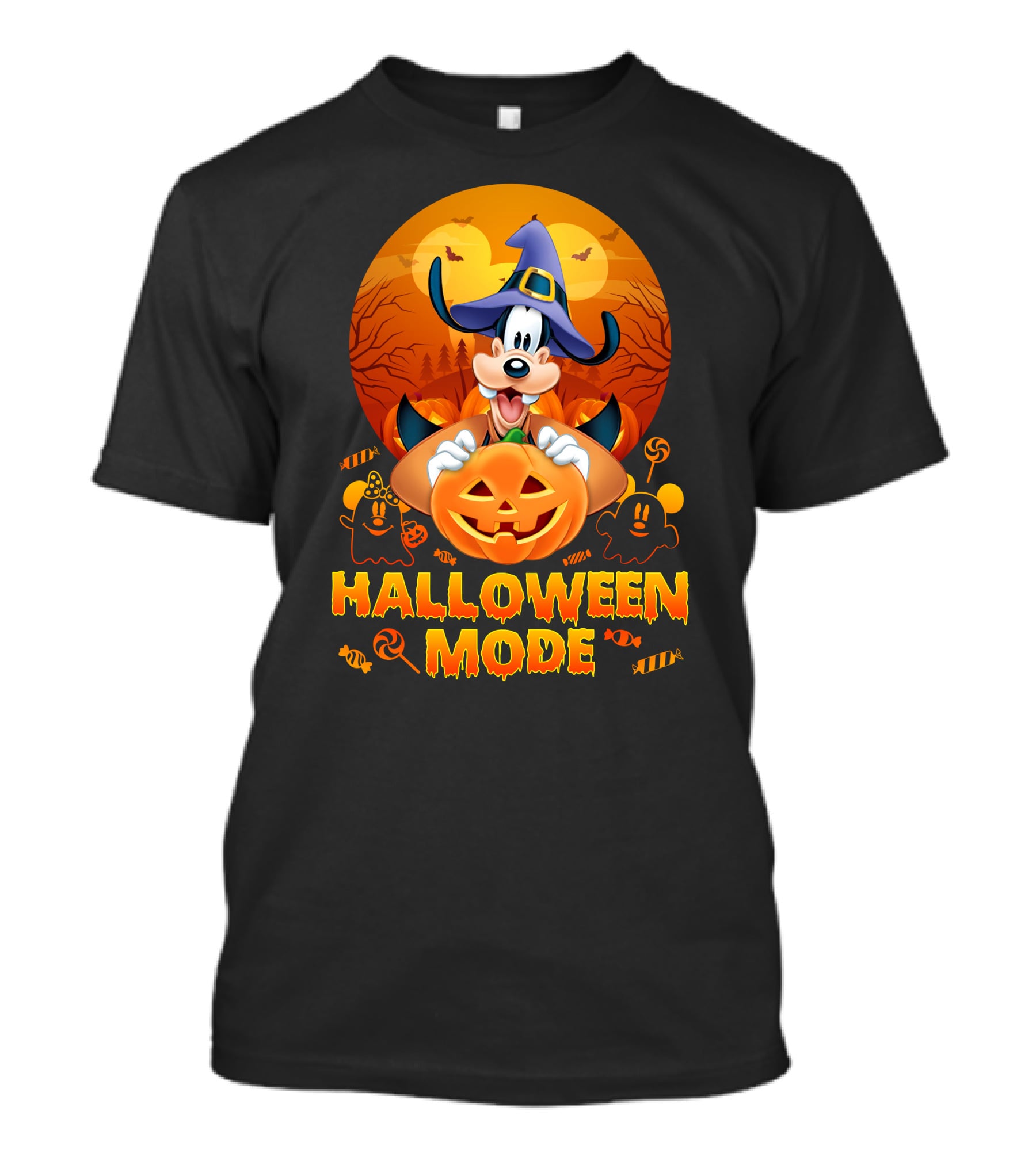 Goofy Halloween Mode Pumpkin Magic Hat Candy Spirits Sunset Bats T-Shirt