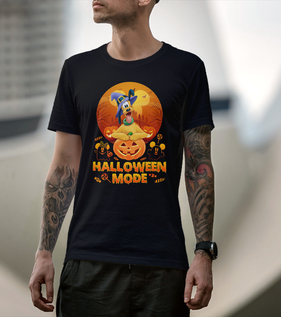 Pluto Halloween Mode With Witch Hat And Pumpkin Decorations T-Shirt