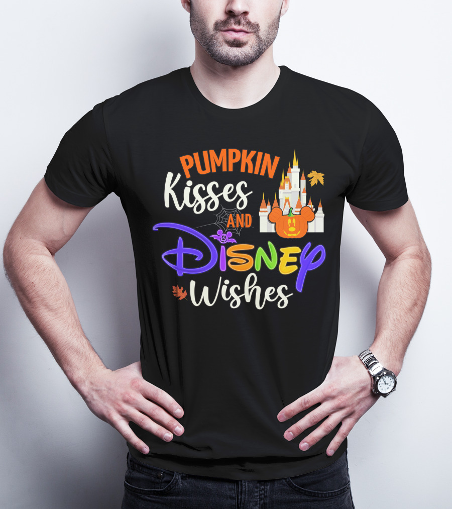 Pumpkin Kisses And Disney Wishes Castle Halloween Leaves T-Shirt