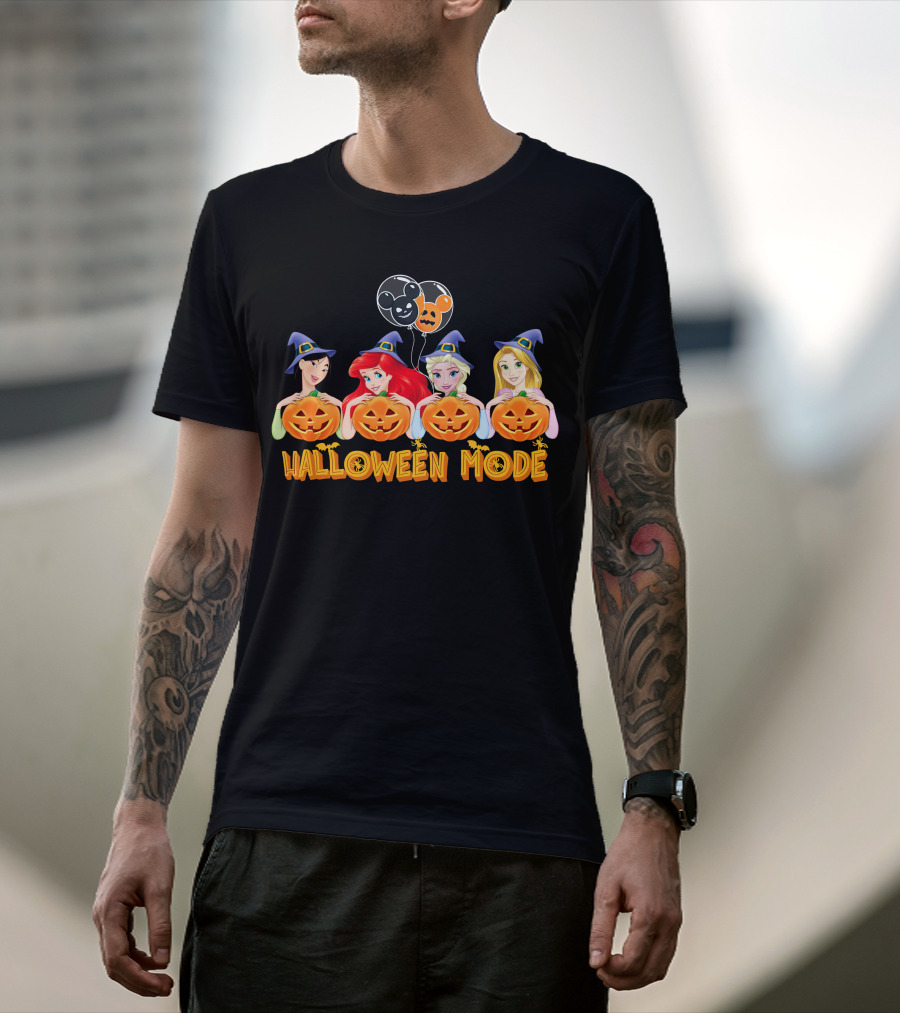 Halloween Mode Princess Characters With Pumpkins And Mickey Balloons T-Shirt
