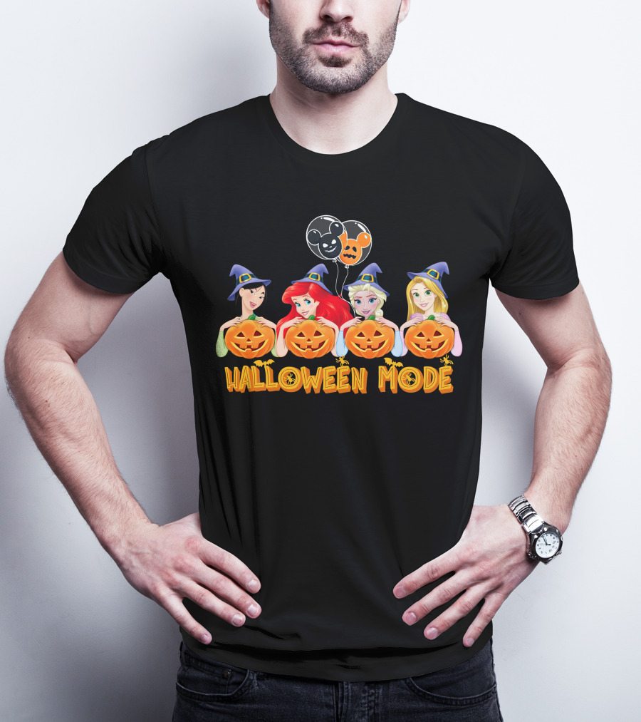 Halloween Mode Princess Characters With Pumpkins And Mickey Balloons T-Shirt