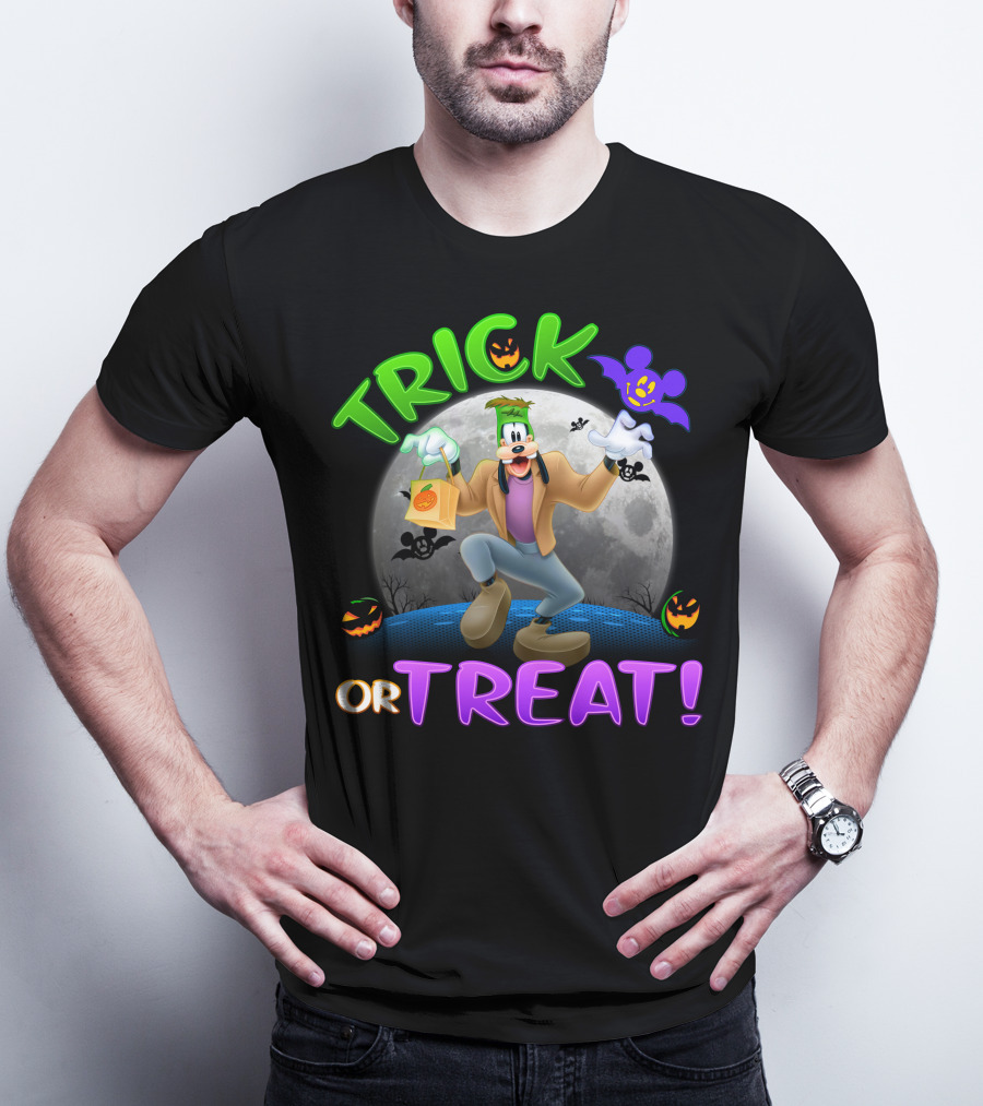 Trick Or Treat Goofy Halloween Moon Bat Pumpkin T-Shirt