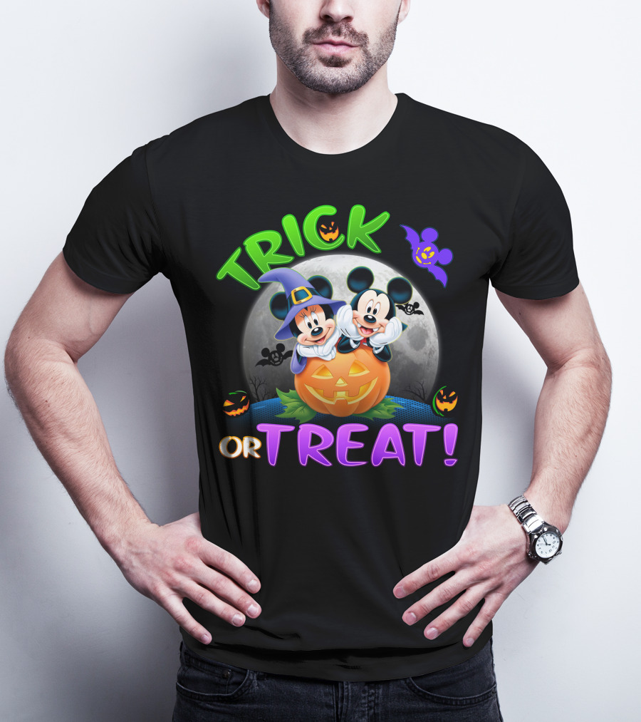 Trick Or Treat Mickey And Minnie Halloween Pumpkin Moon Bat T-Shirt