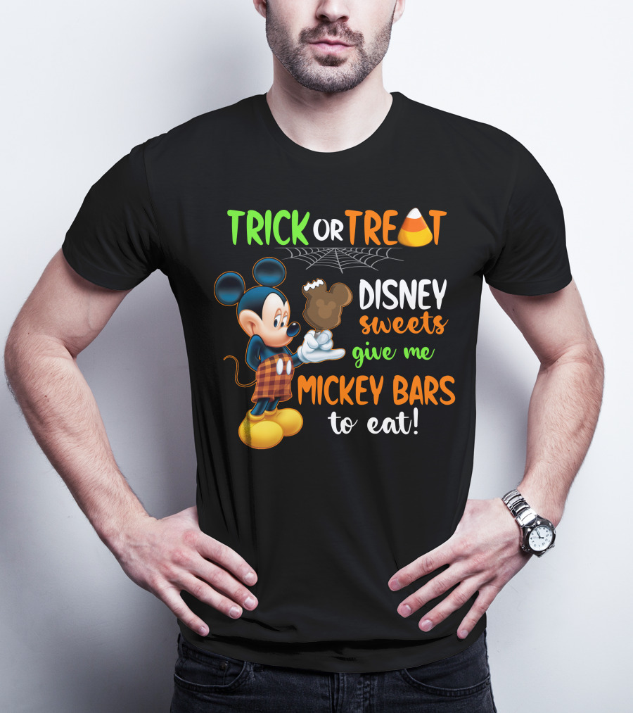 Trick Or Treat Disney Sweets Give Me Mickey Bars To Eat Candy Corn And Spiderweb With Mickey Mouse Eating Chocolate Ice Cream T-Shirt