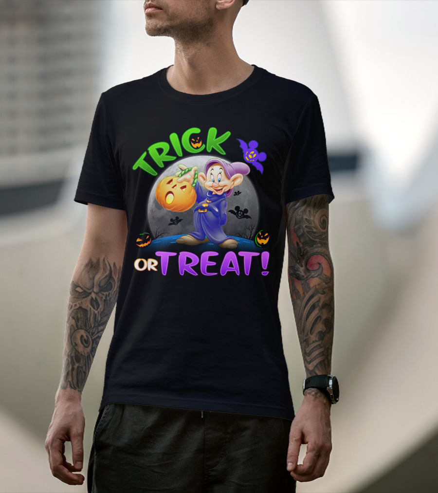 Trick Or Treat Dopey Halloween Disney Character With Pumpkin And Bat T-Shirt