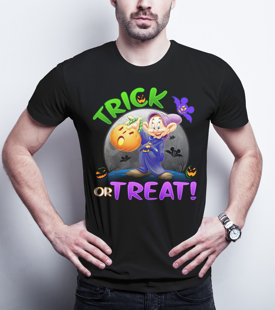 Trick Or Treat Dopey Halloween Disney Character With Pumpkin And Bat T-Shirt