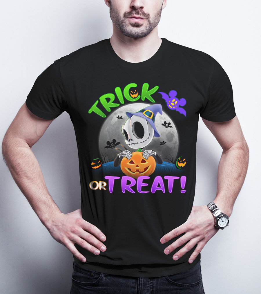 Trick Or Treat Jack Skellington In Halloween Moon With Pumpkins And Purple Bat T-Shirt
