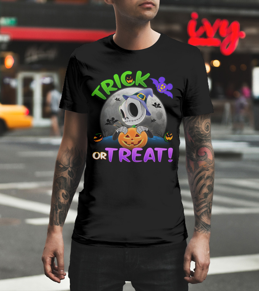 Trick Or Treat Jack Skellington Halloween Moon Bat Pumpkin T-Shirt