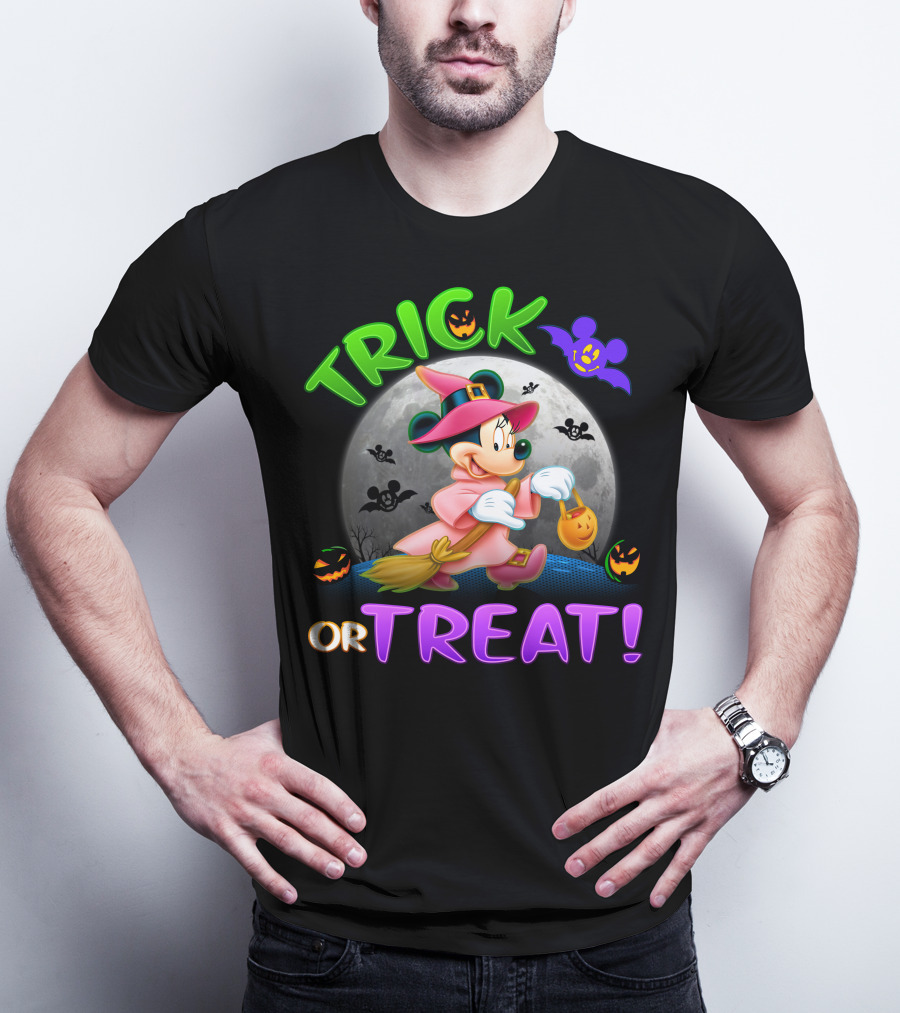 Trick Or Treat Minnie Halloween Witch Costume Broom Moon Bats Pumpkins T-Shirt