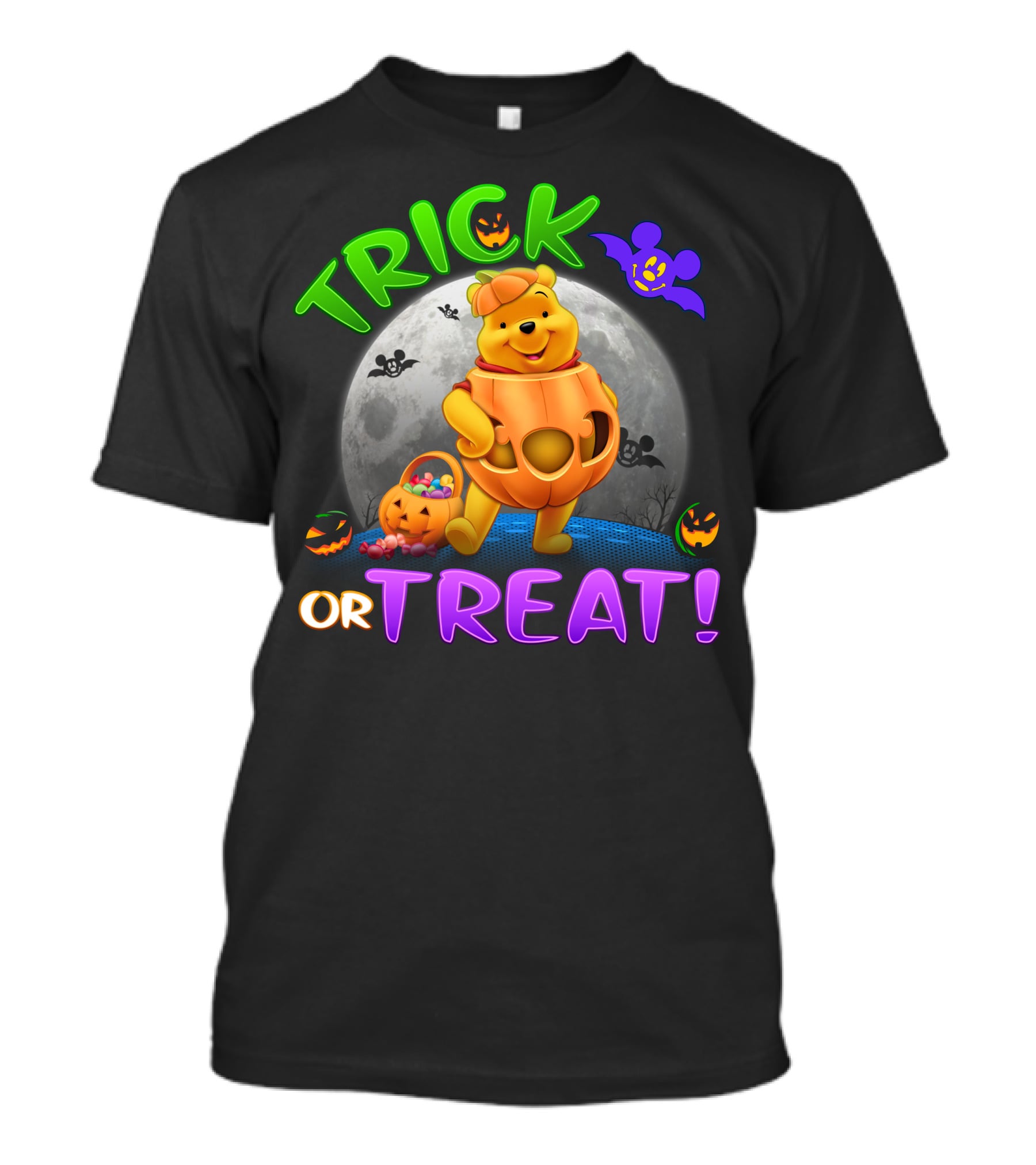 Trick Or Treat Pooh Halloween Moon Bats And Pumpkins T-Shirt
