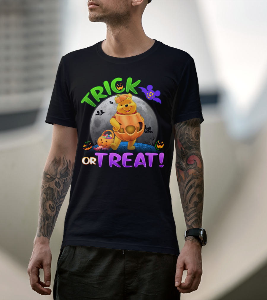 Trick Or Treat Pooh Halloween Moon Bats And Pumpkins T-Shirt