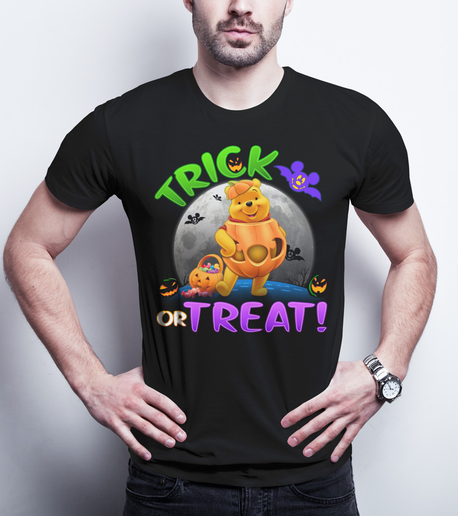 Trick Or Treat Pooh Halloween Moon Bats And Pumpkins T-Shirt