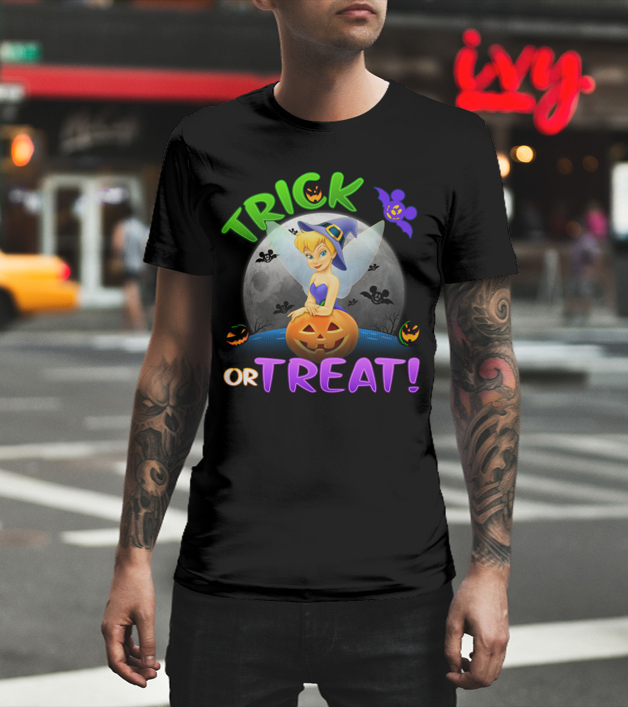 Trick Or Treat Tinker Bell Halloween Jack-O'-Lantern Moon Bat Mickey Ears T-Shirt