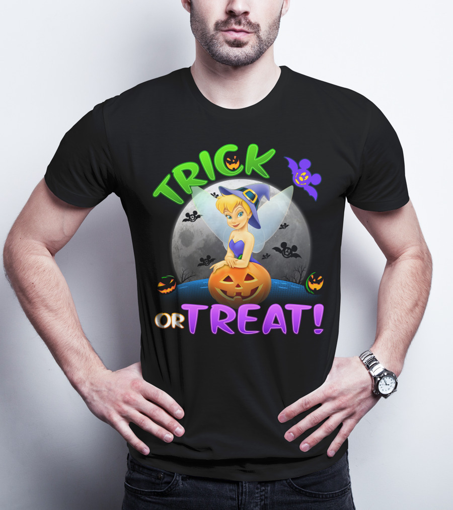 Trick Or Treat Tinker Bell Halloween Jack-O'-Lantern Moon Bat Mickey Ears T-Shirt
