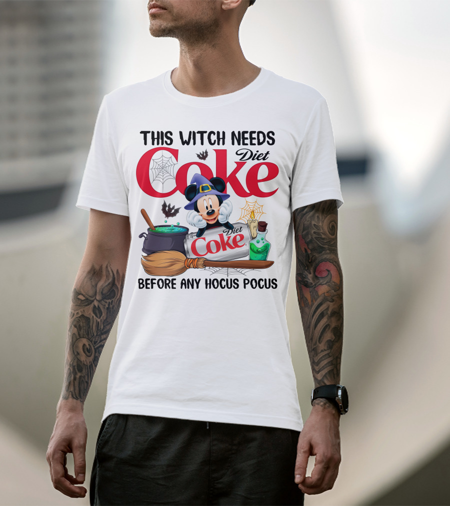 This Witch Needs Diet Coke Before Any Hocus Pocus Mouse Hat Potion Broom Cauldron T-Shirt