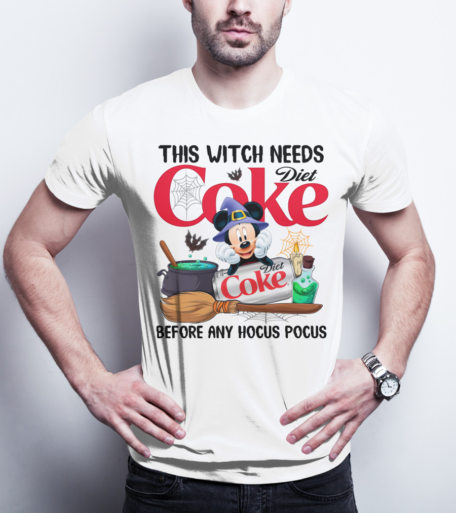 This Witch Needs Diet Coke Before Any Hocus Pocus Mouse Hat Potion Broom Cauldron T-Shirt