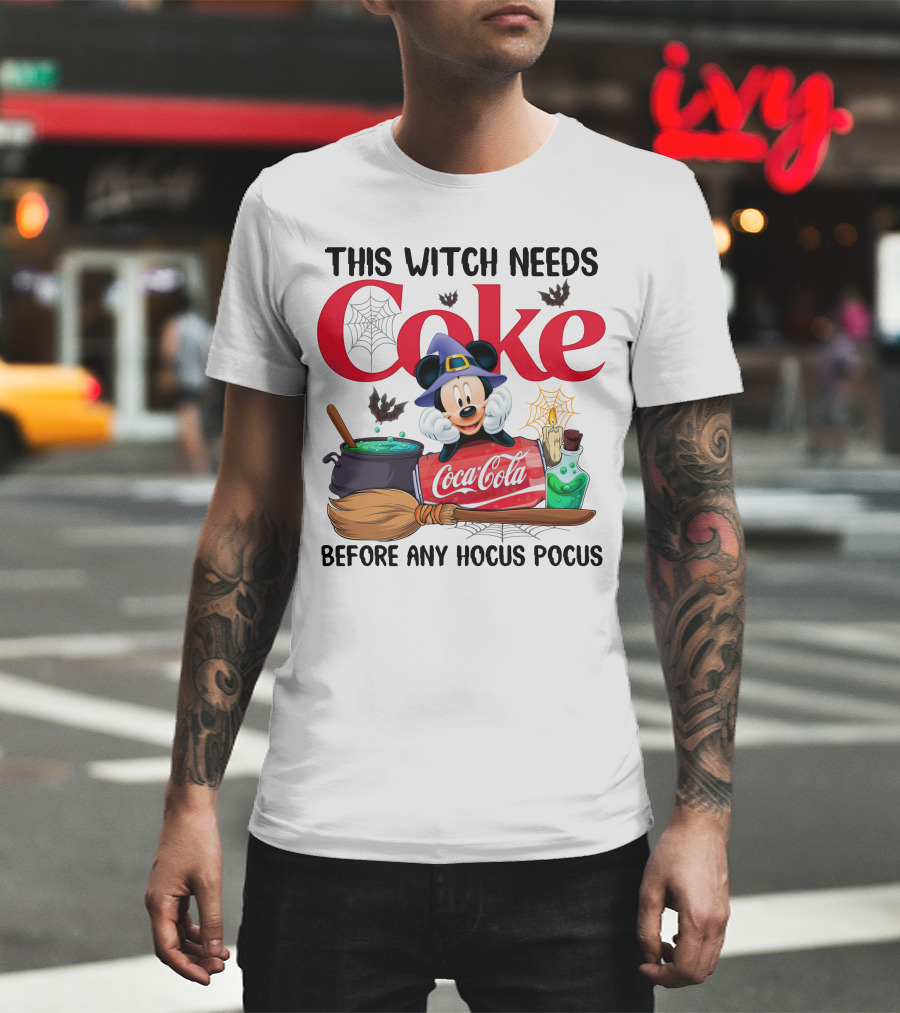 This Witch Needs Coke With Mickey Mouse Before Any Hocus Pocus Coca-Cola Magic Cauldron Broom Potion T-Shirt