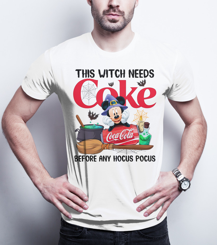 This Witch Needs Coke With Mickey Mouse Before Any Hocus Pocus Coca-Cola Magic Cauldron Broom Potion T-Shirt