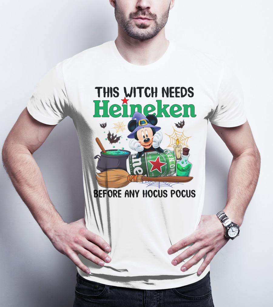 This Witch Needs Heineken With Cartoon Mouse In Wizard Hat Before Any Hocus Pocus T-Shirt