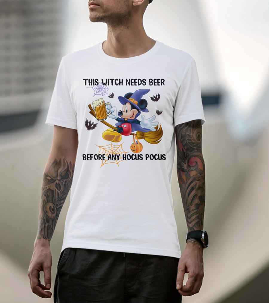 This Witch Needs Beer Before Any Hocus Pocus Halloween Character On Broom With Pumpkin And Beer Mug T-Shirt