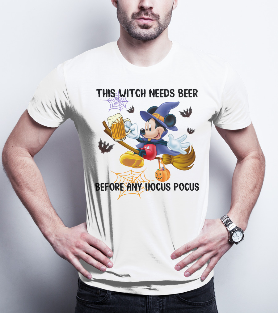 This Witch Needs Beer Before Any Hocus Pocus Halloween Character On Broom With Pumpkin And Beer Mug T-Shirt