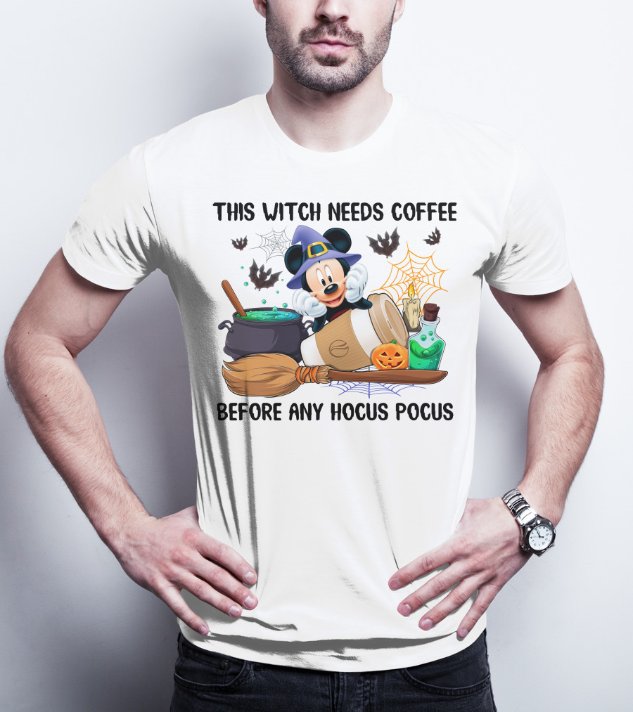 This Witch Needs Coffee Mickey Cauldron Bats Potion Pumpkin Broom Hocus Pocus T-Shirt