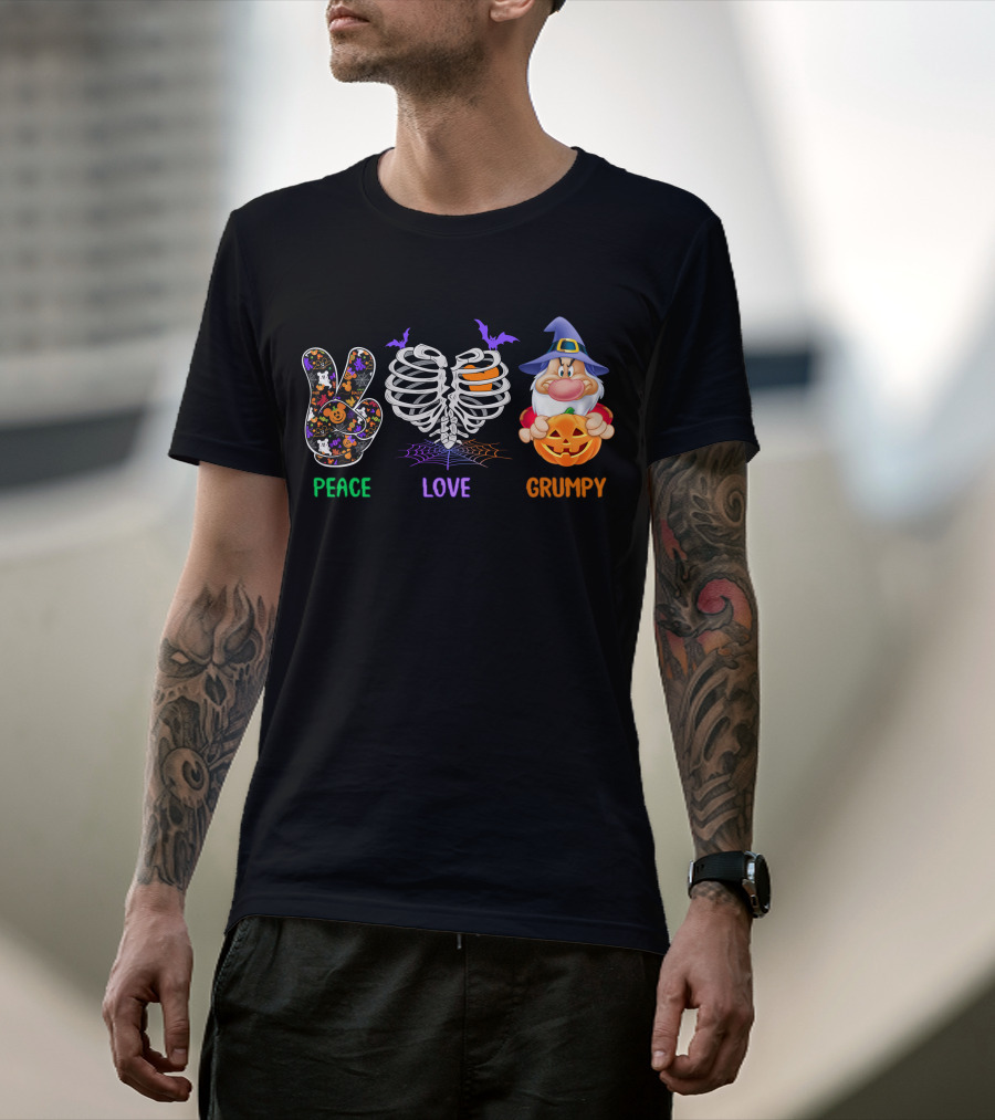 Peace Love Grumpy Halloween Gnome Pumpkins Rib Cage Bat T-Shirt